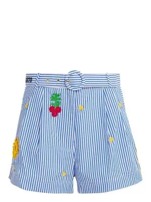 Camilla Cotton Striped Shorts With Fruit Appliqu - Blue