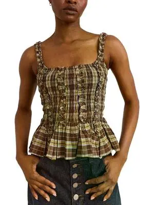 DAMSON MADDER Ruffled Shirred Cami Top - Brown