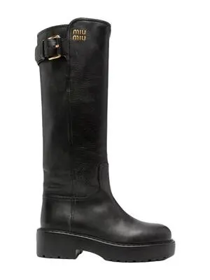 Miu Miu Leather Buckle Detail Knee High Boots - Black