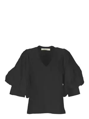 EMMA E GAIA Puff-sleeve V-neck T-shirt - Black