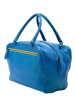 Bottega Veneta 2012-2026 Intrecciato Trimmed Medium Goatskin Madras Heritage Brera Handbag - Blue