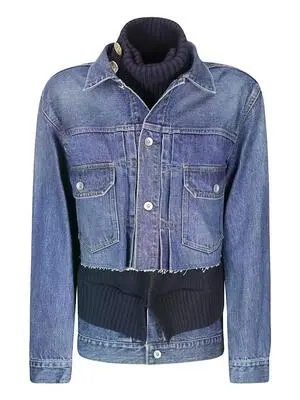 Sacai Paneled Denim Jacket With Ribbed Knit - Blue