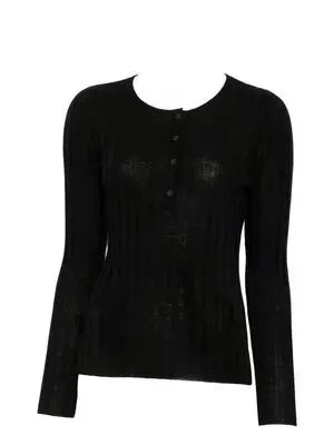 HUGENBERG Ribbed Knit Henley Long Sleeve Top - Black