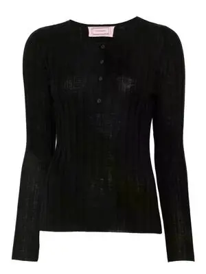 HUGENBERG Ribbed Knit Henley Long Sleeve Top - Black