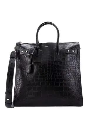 Saint Laurent Sac De Jour Souple Zip Crocodile Embossed Leather North South Tote Bag - Black