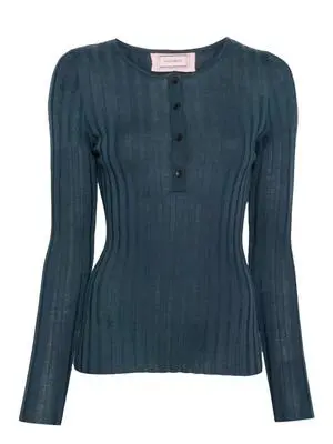 HUGENBERG Ribbed Knit Round Neck Long Sleeve Sweater - Blue