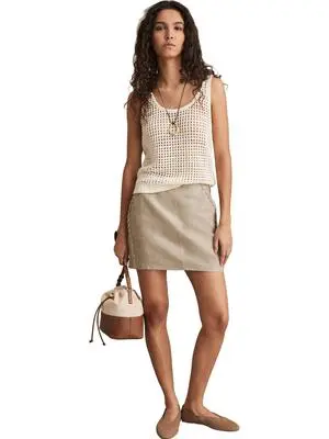REISS Linen Whipstitch Mini Skirt - Neutral
