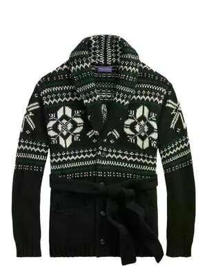 Ralph Lauren Purple Label Intarsia Knit Shawl Collar Cardigan - Black