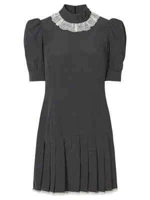 Alessandra Rich Polka-dot Lace-trimmed Silk Crepe De Chine Mini Dress - Black