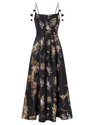 Camilla Flamenco Folklore Floral-print Linen And Silk-blend Dupioni Midi Dress - Multi