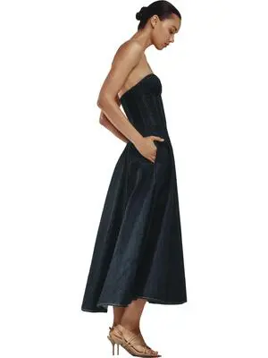 REISS Cotton Strapless Structured Denim Midi Dress - Navy