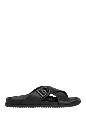 Dolce & Gabbana Calfskin Cross-strap Slides - Black