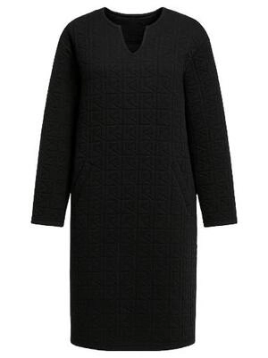 CONQUISTA Relaxed Long Sleeve Sack Style Midi Dress In Quilt Jersey With Side Pockets - Black