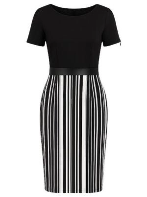 CONQUISTA Stripe Detail Straight Dress With Zip & Pleather Detail - Black