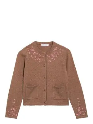 Bonpoint Beige Wool-blend Cardigan With Floral Embroidery - Brown