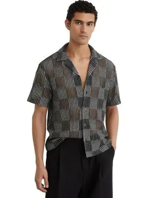 REISS Checkerboard Crochet Cuban Collar Shirt - Black