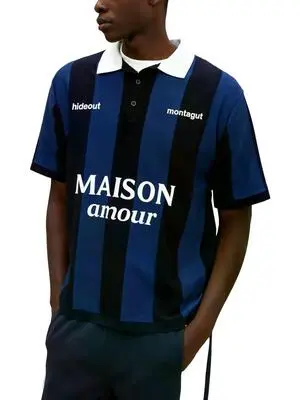 MAISON HIDEOUT Striped Slogan-print Polo Shirt - Blue