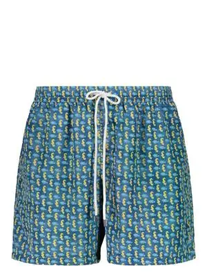 Fedeli Seahorse Print Drawstring Swim Shorts - Blue