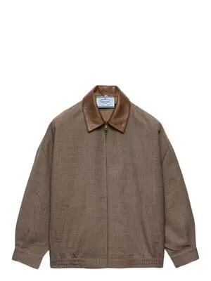 Prada Houndstooth Wool Blouson Jacket With Removable Leather Collar - Brown