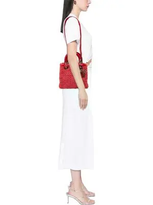 Dior 2012 Medium Tweed Fringe Rhinestone Lady Satchel - Red