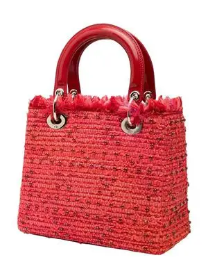 Dior Medium Tweed Fringe Rhinestone Lady Satchel - Red