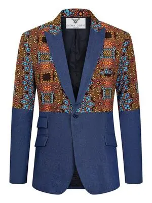 OHEMA OHENE Denim & African Print Lapel Blazer - Blue