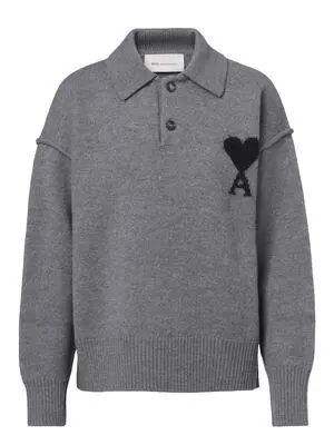 AMI Paris De Coeur Wool Polo Sweater - Grey