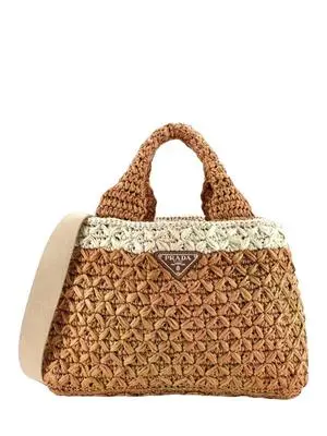 Prada Convertible Open Woven Raffia Small Tote Bag - Brown