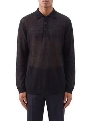Y’s Sheer Long-sleeved Knit Polo Shirt In A Linen Blend - Black
