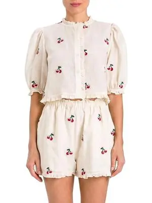 TWINSET Ramie Cropped Shirt With Embroidery - Cherry