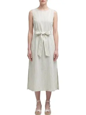 Barbour Striped Cotton A-line Midi Dress With Tie Waist - Mint