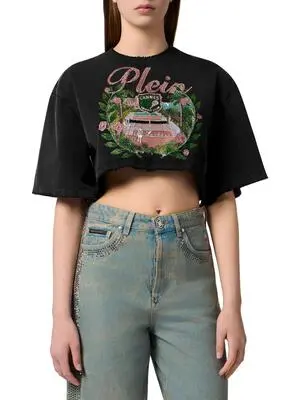 Philipp Plein Cropped Cotton T-shirt With Jacquard Logo And Fringed Hem - Black