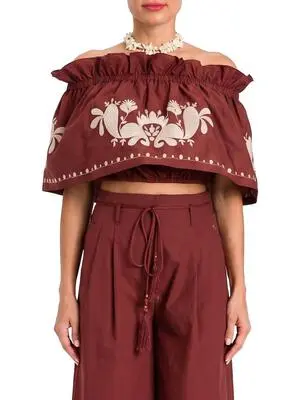 TWINSET Twinset Off-the-Shoulder Cropped Cotton Top With Floral Embroidery Earth