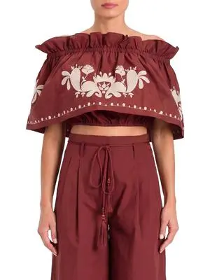TWINSET Off-the-shoulder Cropped Cotton Top With Floral Embroidery - Red