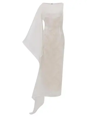 Ila Silk Organza Midi Dress With Sheer Cape Detail - White