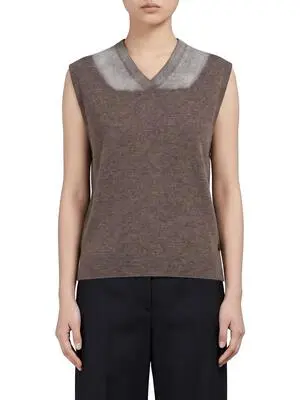 MAISON MARGIELA Virgin Wool V-neck Knit Vest - Mud