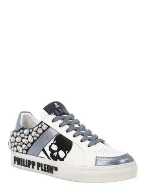 Philipp Plein Skull Print Leather Low-top Sneakers With Crystals - Blue