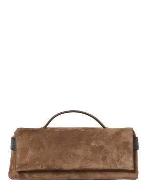 Brunello Cucinelli Suede Calfskin Clutch With Monili Embellishment - Brown