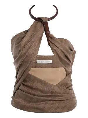 Christopher Esber Draped Wool Herringbone Top - Brown