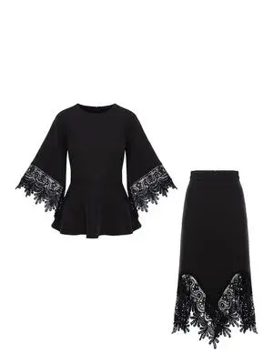 CONCEPT A TROIS Set: Top And Skirt With Lace Details - Black
