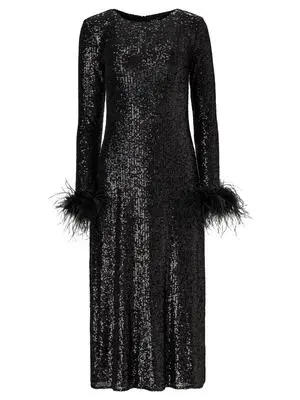 LITA COUTURE Open Back Sequin Dress With Feathers - Black