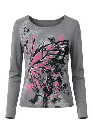 CONQUISTA Long-sleeve Artistic Butterfly Print Top - Grey