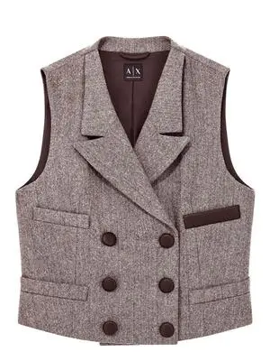 Armani Exchange Double Breasted Waistcoat In Herringbone Virgin Wool And Silk Blend - Brown