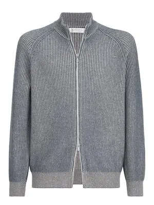 Brunello Cucinelli Cashmere Ribbed Zip-up Cardigan - Blue