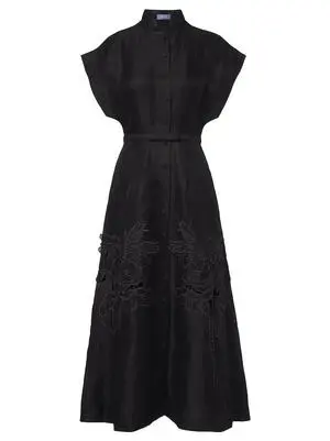 LEO LIN Aubrey Floral-appliqué Linen-blend Midi Dress - Black
