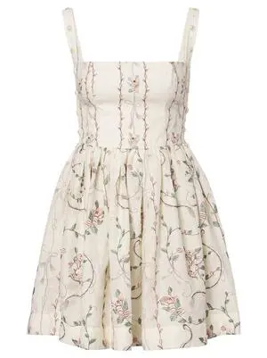 Agua Bendita Embroidered Floral Linen Mini Dress - White