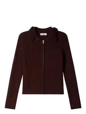 Sandro Floral-trim Zipped Wool-blend Cardigan - Brown