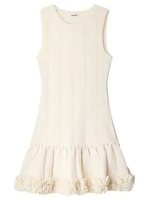 Sandro Floral Embellished Pleated Hem Knitted Mini Dress - Ecru