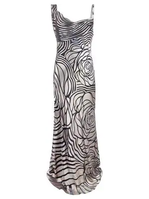 Alberta Ferretti Rose-print Asymmetric Sleeveless Gown - Neutrals