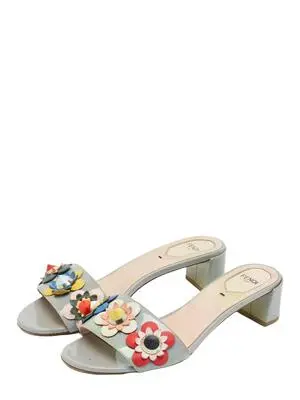 Fendi Flower Embellished Block Heel Sandals - Grey